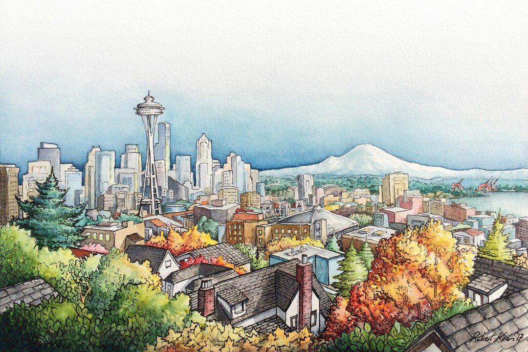 Seattle - Watercolor Archival Print, City Skyline View From Kerry Park ...