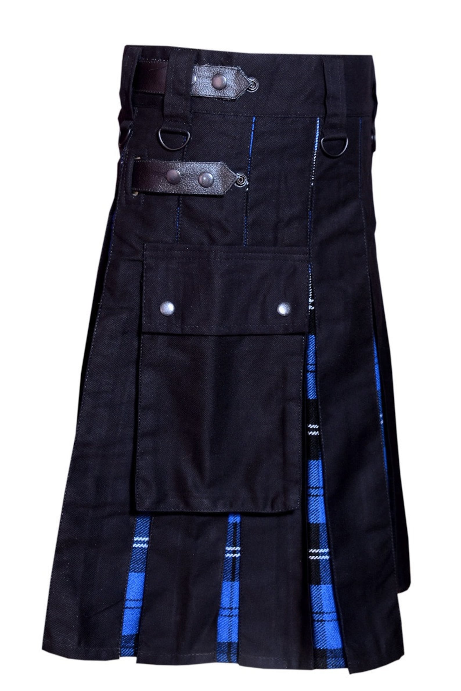 Men Hybrid Utility Kilt 100% Black Cotton With Ramsey Blue Tartan ...