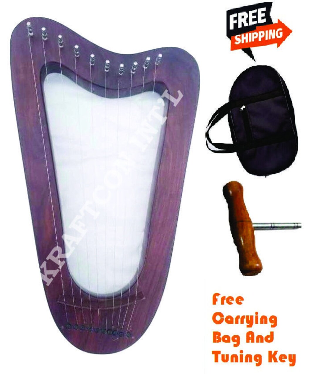 Lyre Harp 10 Strings Curved Style Rose Wood With Free Carrying Bag ...