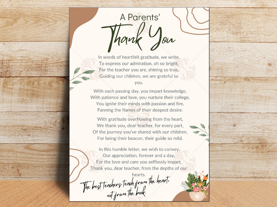 Teacher Appreciation Poem Message From Parents PDF Editable Template in ...