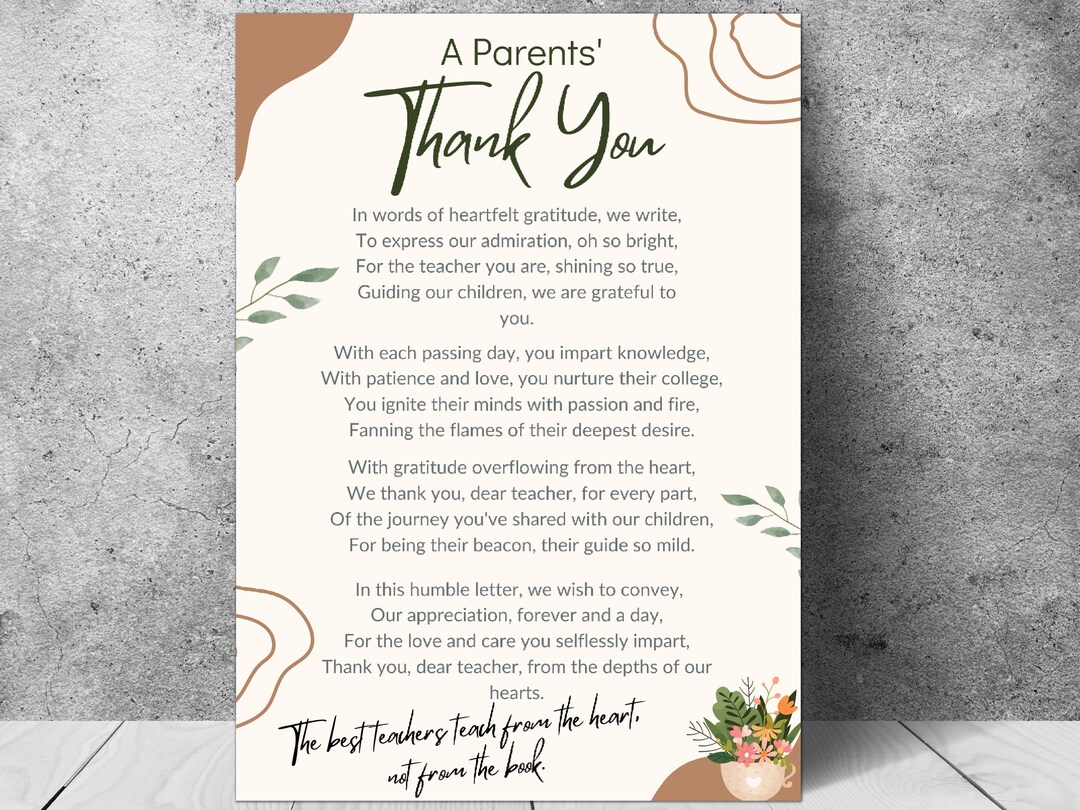 Teacher Appreciation Poem Message From Parents Teacher - Etsy
