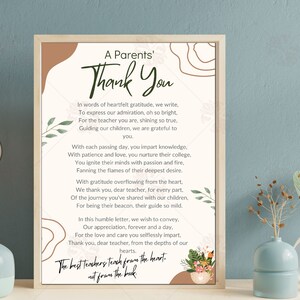 Teacher Appreciation Poem Message From Parents PDF Editable Template in ...