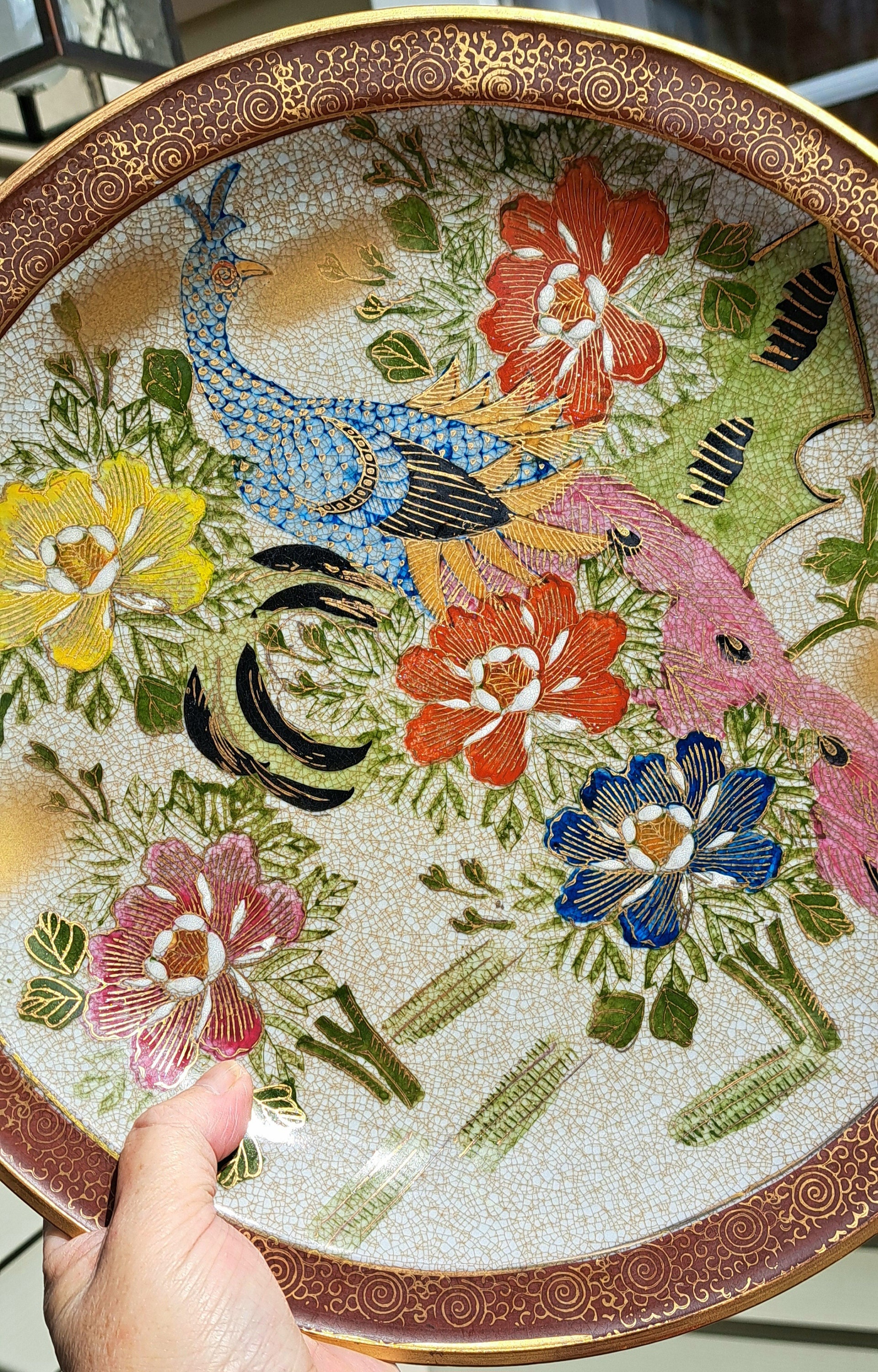 Vintage KUTANI Satsuma Hand Painted Peacock 12.5 in Plate With Raised ...