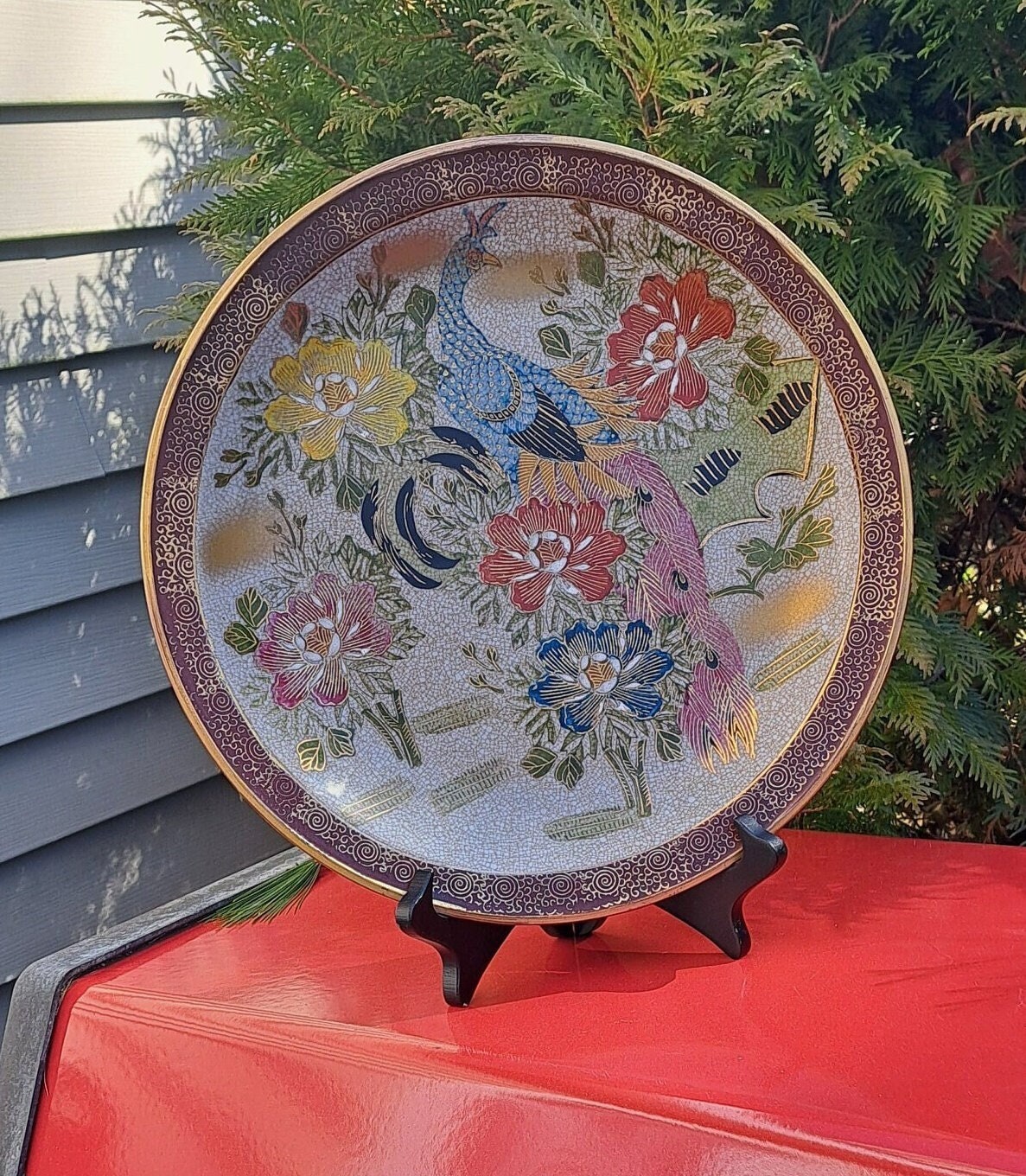 Vintage KUTANI Satsuma Hand Painted Peacock 12.5 in Plate With Raised ...