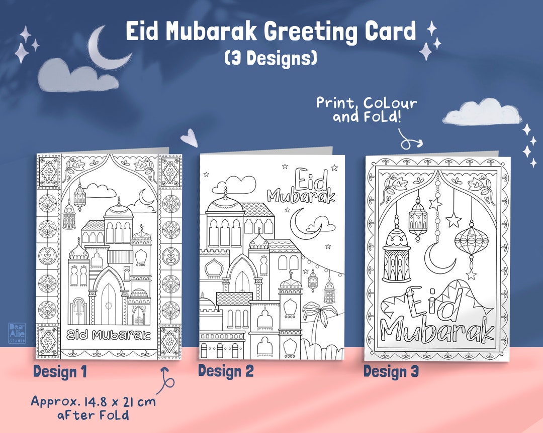 Eid Greeting Card Printable Eid Mubarak Coloring Art and Craft Folded ...