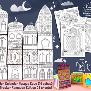 Ramadan Calendar Printable Bundle Pack, Art and Craft Coloring Ramadan Mosque Cube, Salah ...