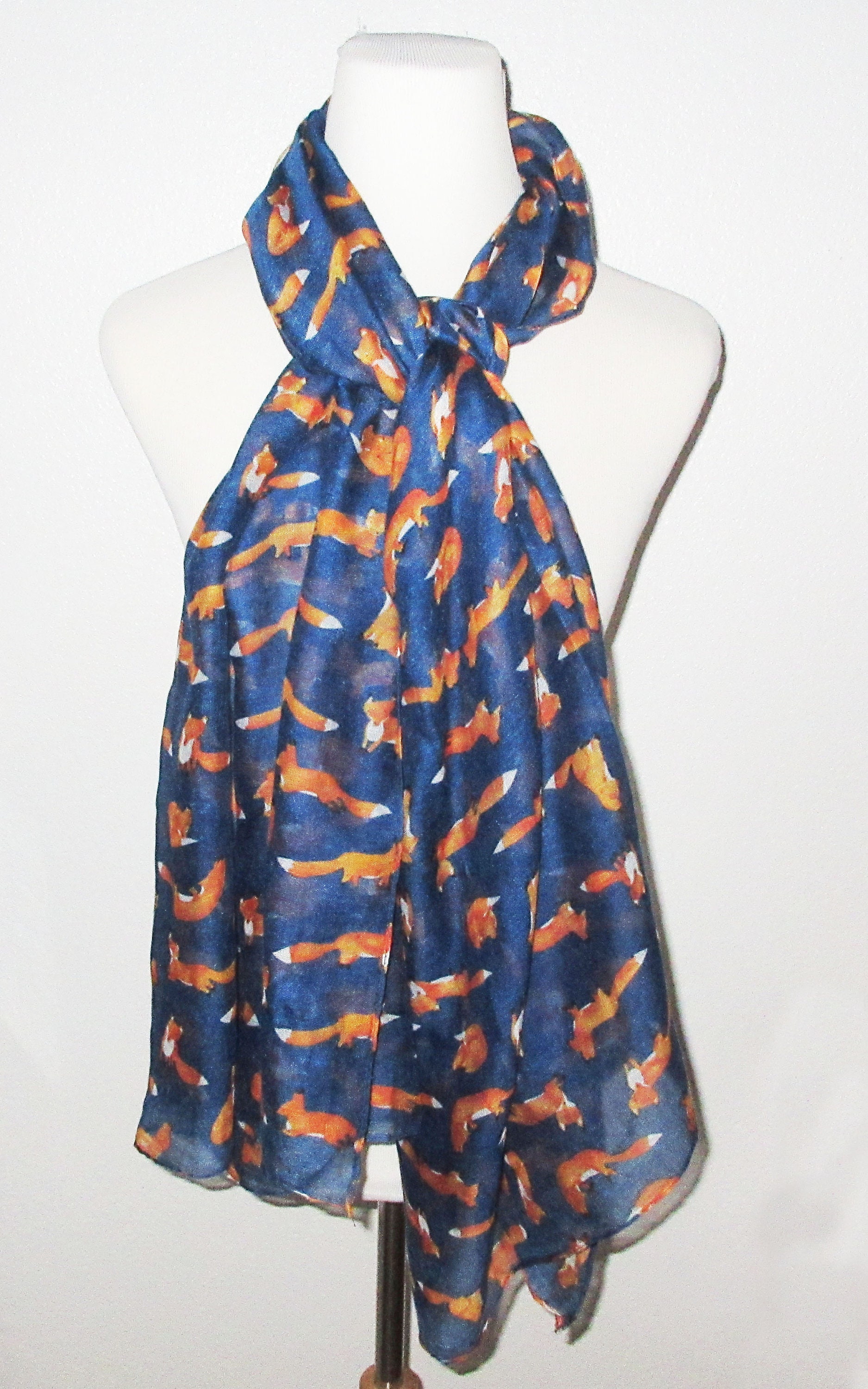 Fox Scarf, Red Fox Print Scarf in Navy Blue, Animal Print Scarf, Red ...