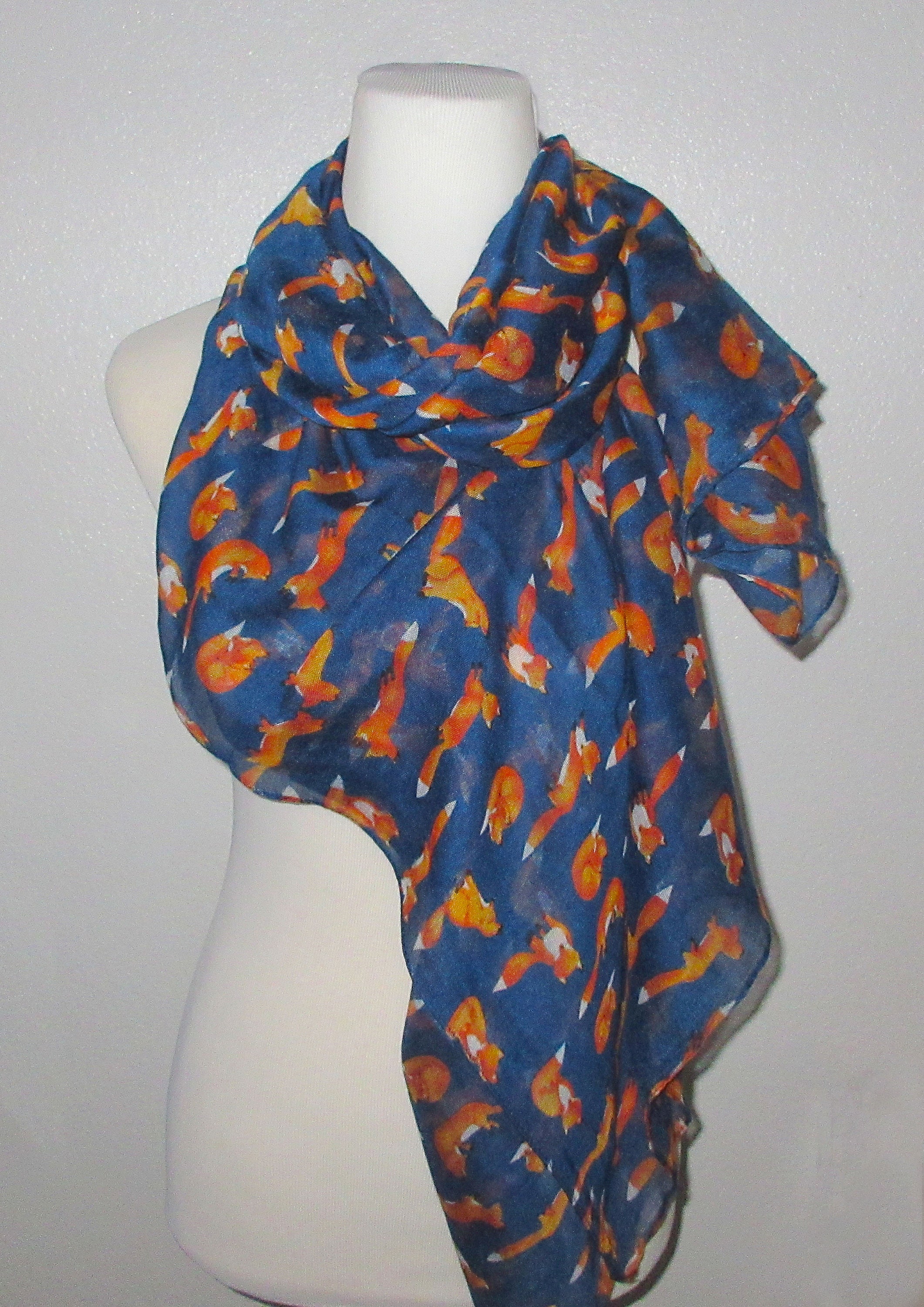 Fox Scarf, Red Fox Print Scarf in Navy Blue, Animal Print Scarf, Red ...
