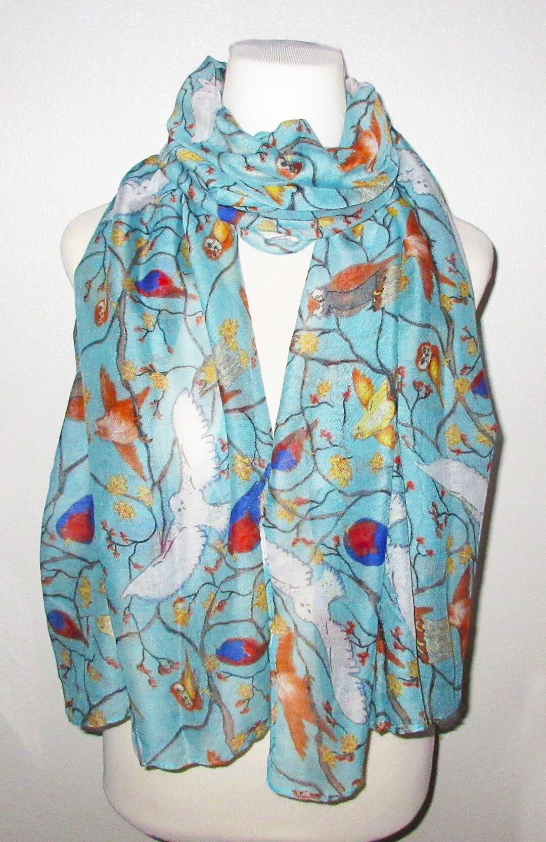 Bird Scarf, Blue Bird Scarf, Colorful Robins, Bird Shawl, Bird Print ...