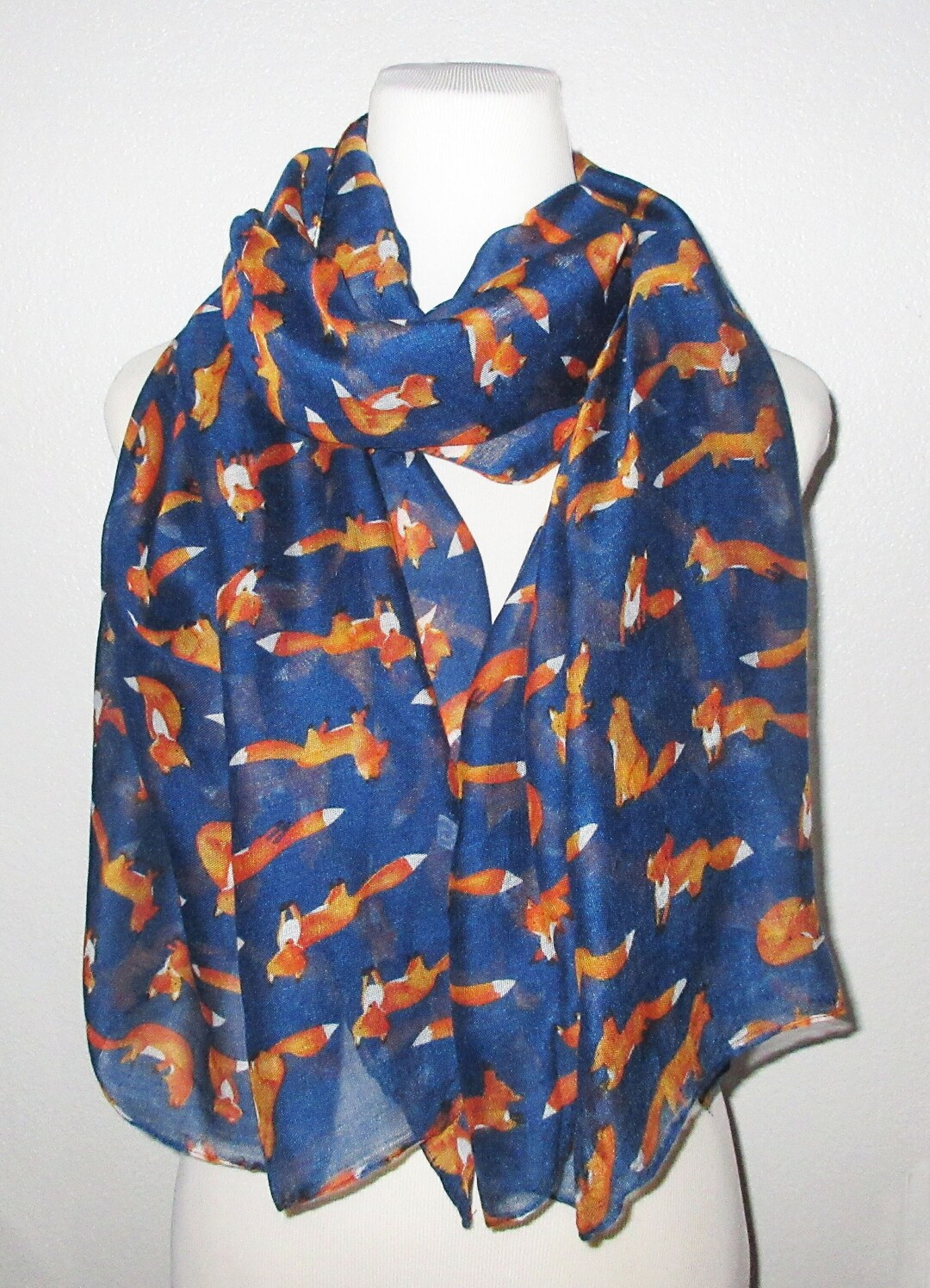 Fox Scarf, Red Fox Print Scarf in Navy Blue, Animal Print Scarf, Red ...