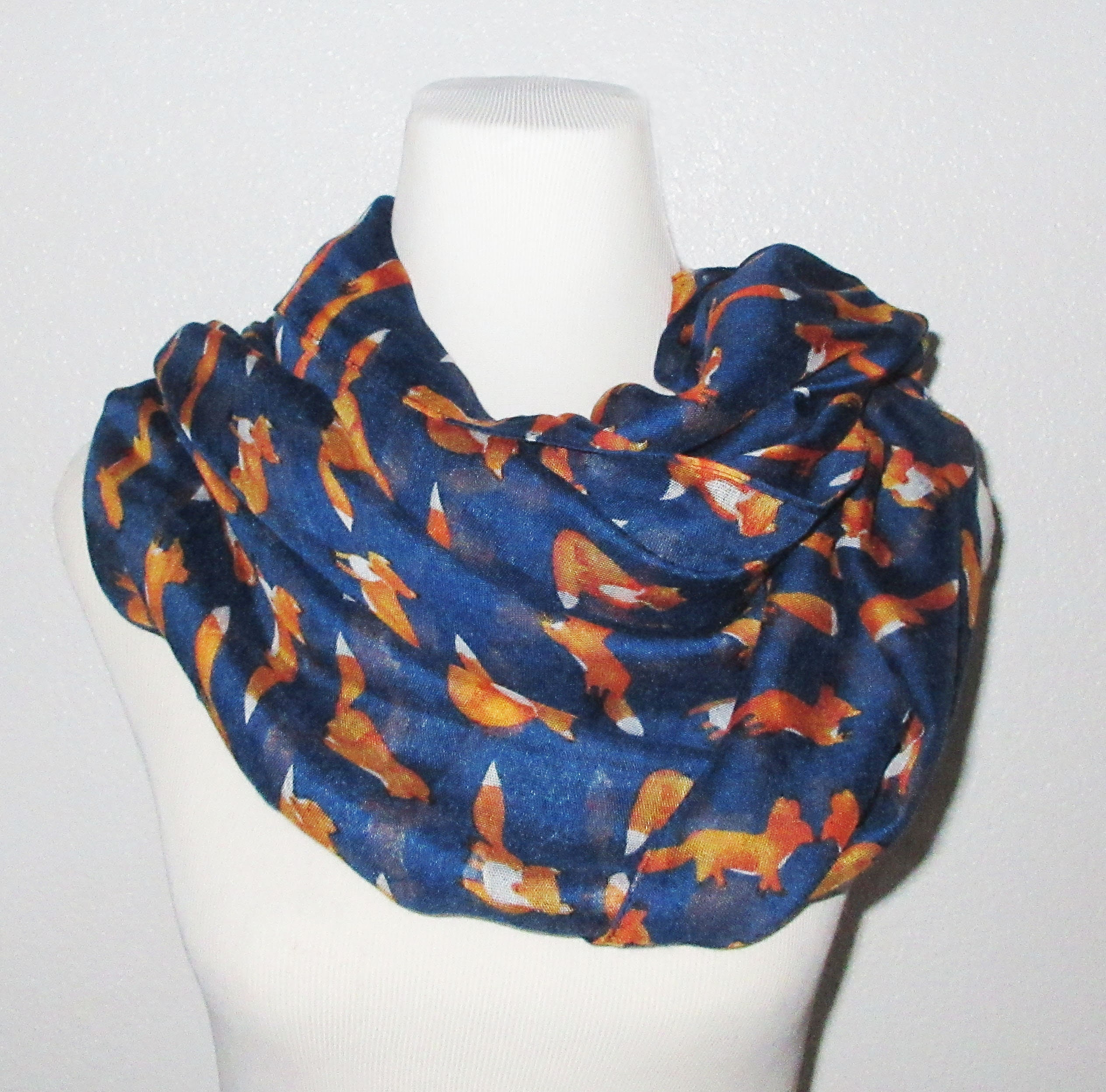 Fox Scarf, Red Fox Print Scarf in Navy Blue, Animal Print Scarf, Red ...