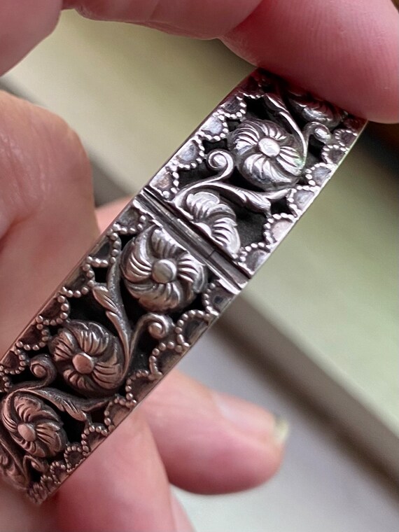 Reserved - Antique French Silver Floral Design Bangle - Gem