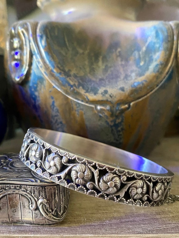 Reserved - Antique French Silver Floral Design Bangle - Gem