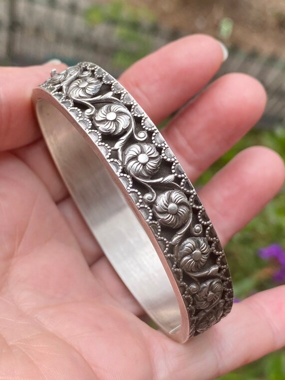 Reserved - Antique French Silver Floral Design Bangle - Gem