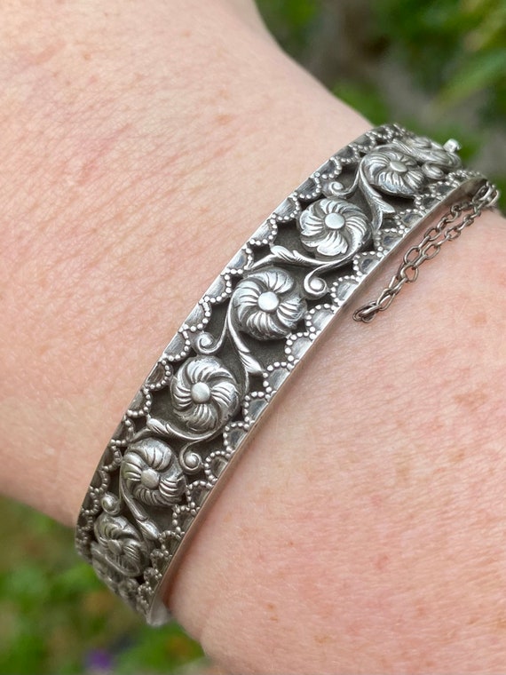 Reserved - Antique French Silver Floral Design Bangle - Gem