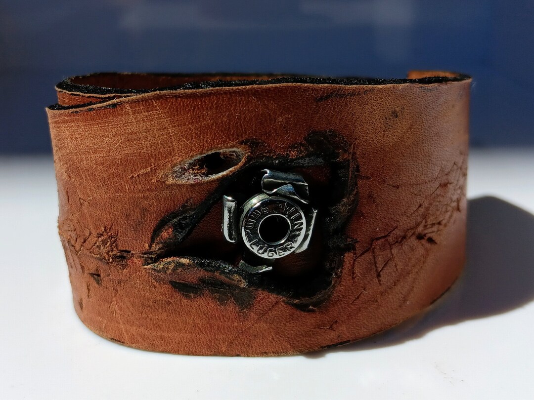 9mm Lugar Glock Bullet Wraparound Leather Cuff Bracelet Sz Men's Med or ...