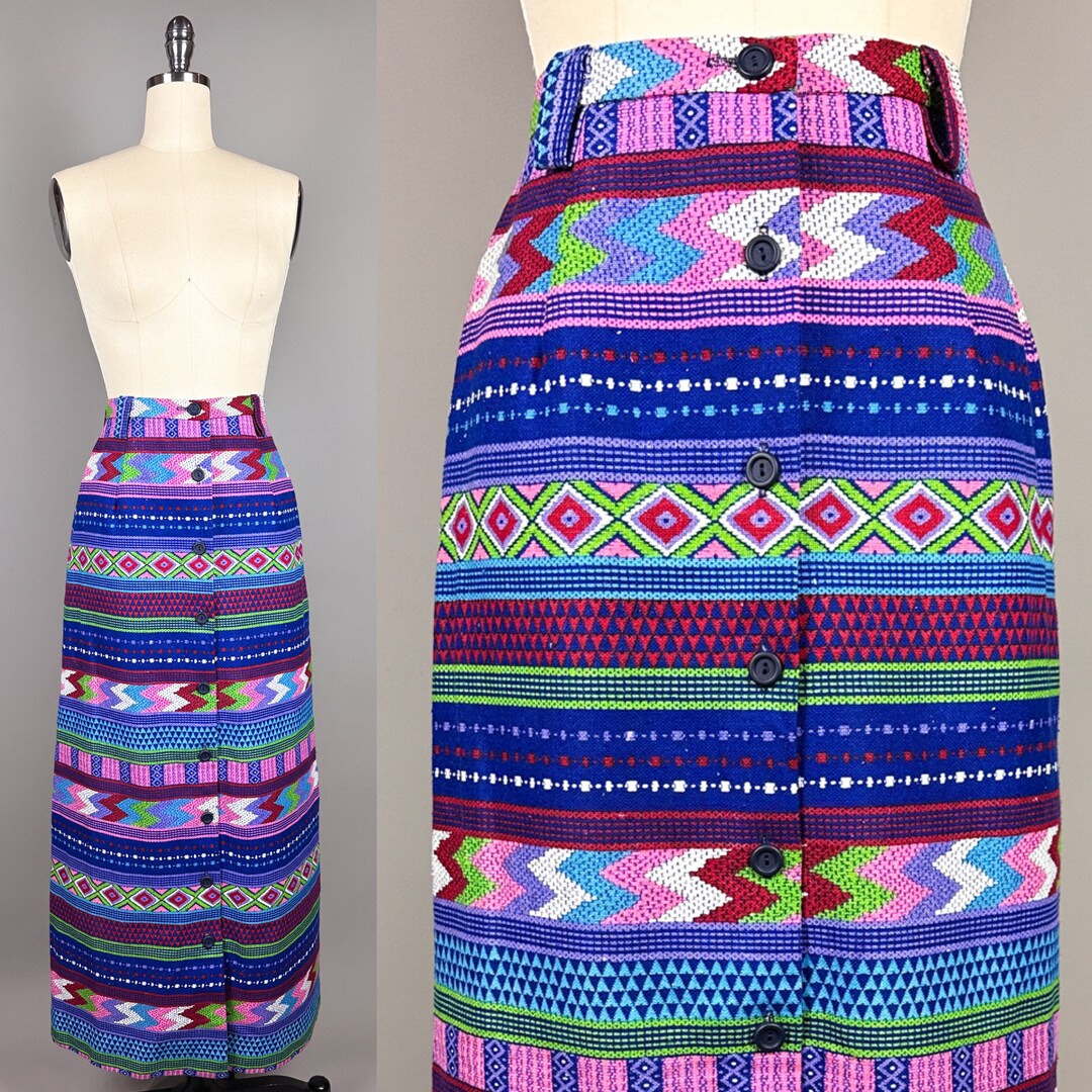 Vintage 1970s Aztec Maxi Skirt | Small | 70s Rainbow Woven Cotton Aztec ...