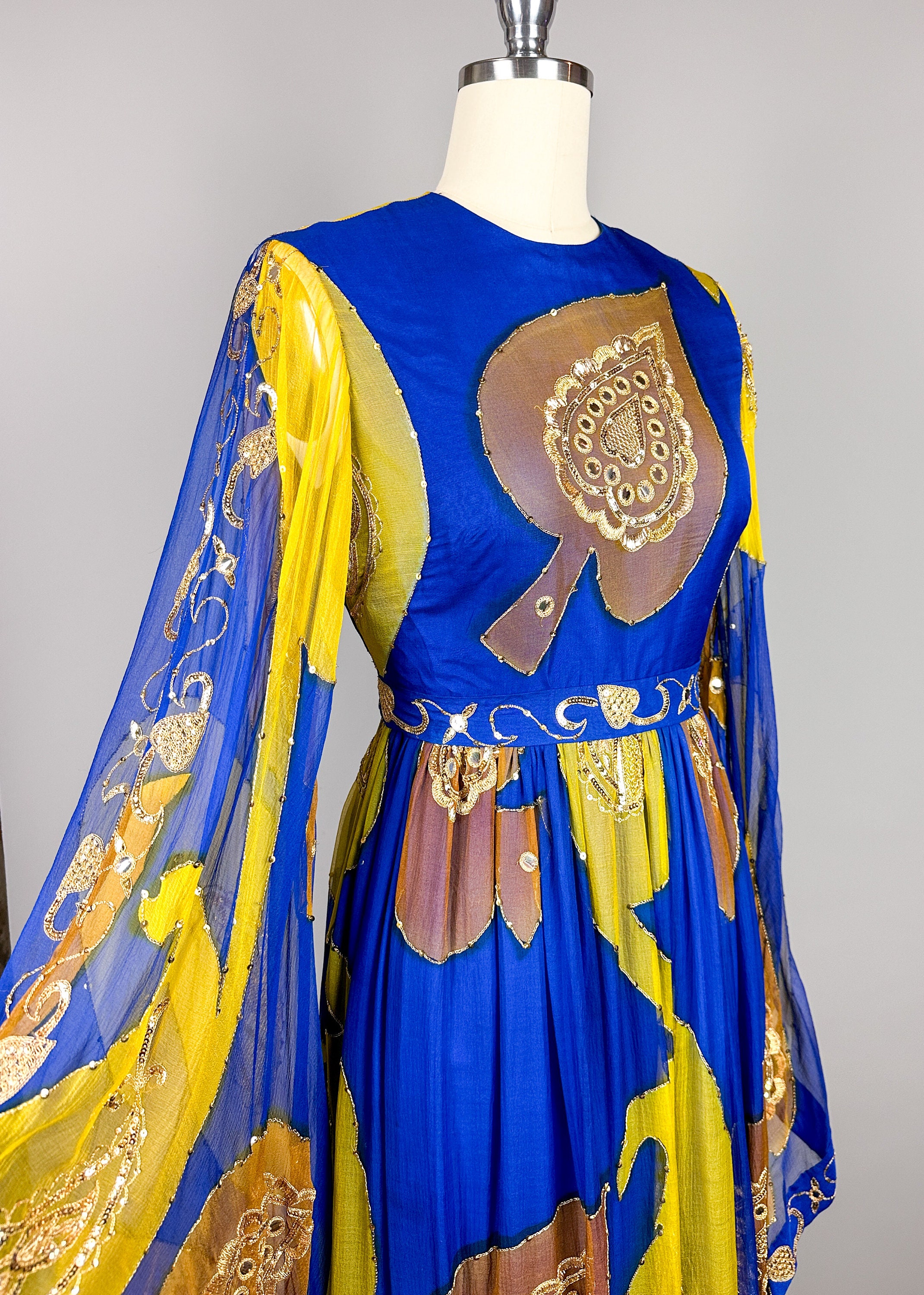 Vintage 1960s Dress for Nan Duskin Small Vibrant Blue Silk Chiffon 60s Gown, Angel Sleeves ...