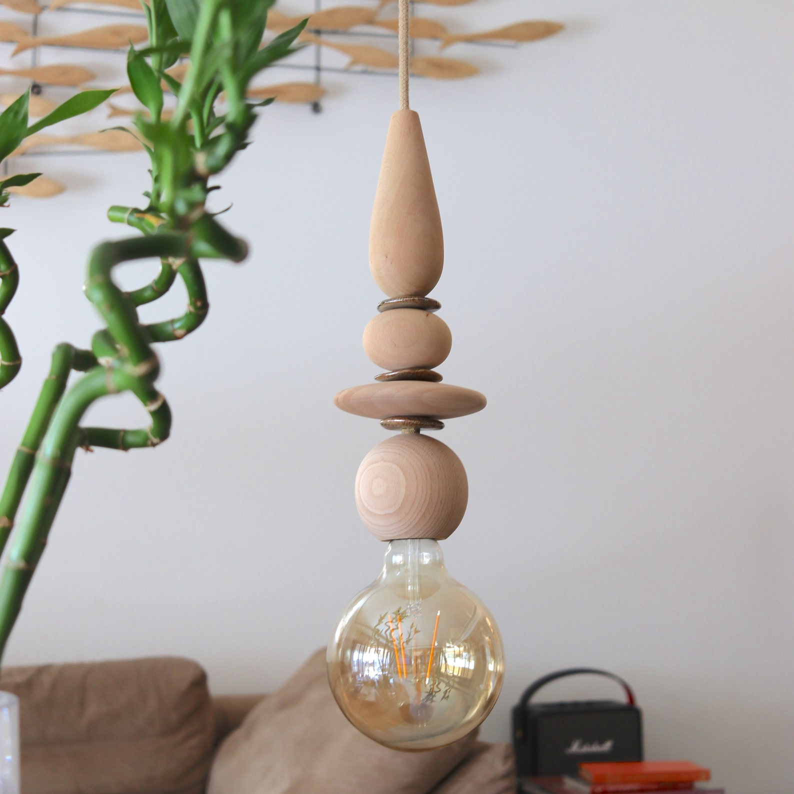 Wood Bead Pendant Light Modern Ceiling Lamp Wooden Beaded - Etsy