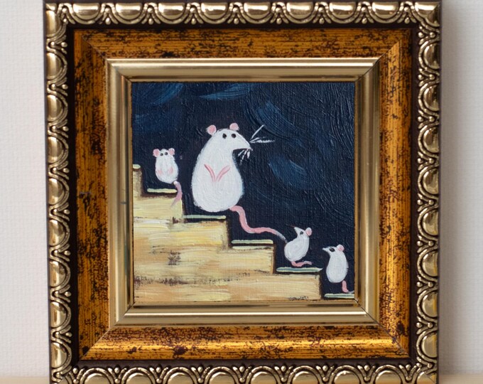 White Rat Family on the Stairs Miniature / Hand Painted 2x2 Inches Mini ...