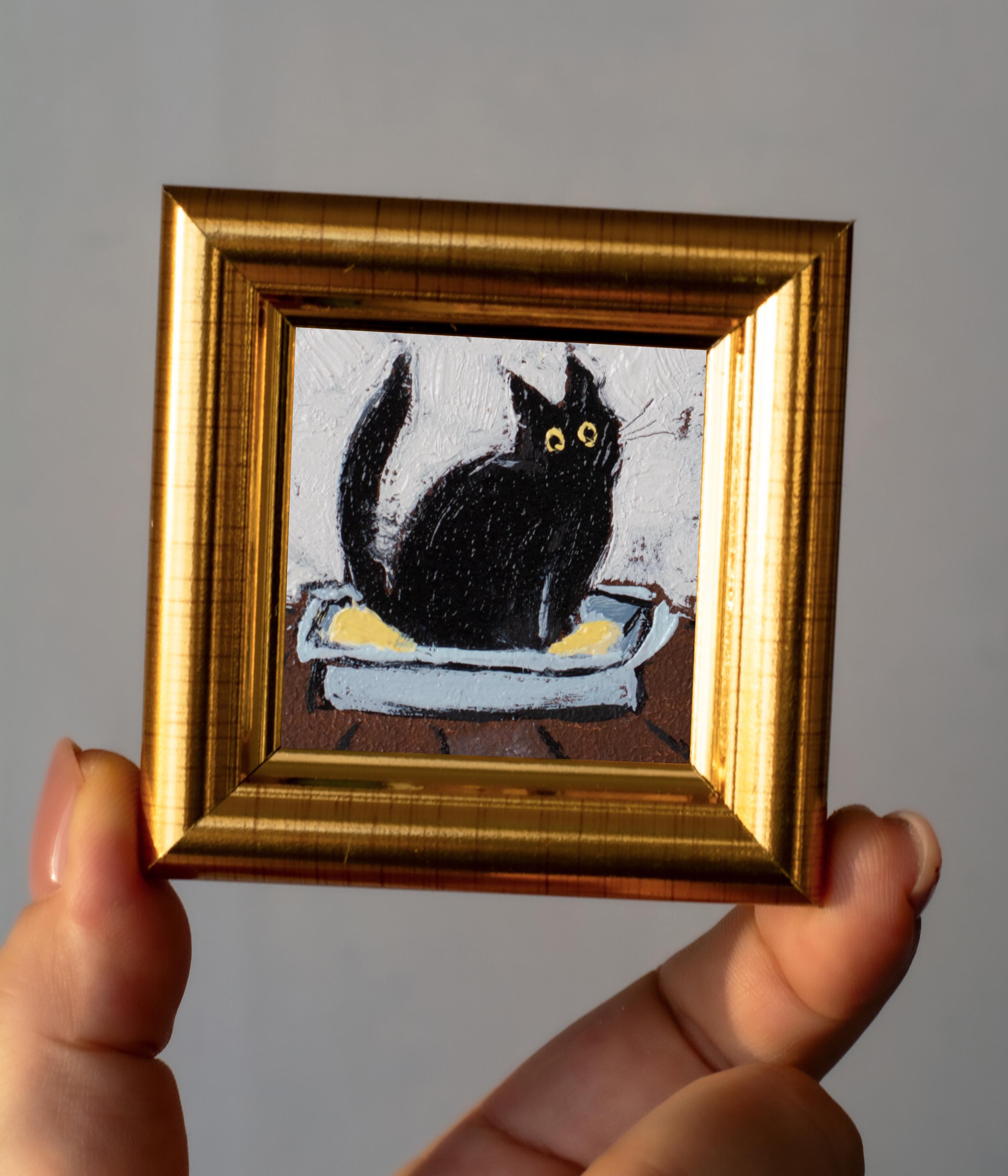 Mini Black Cat on a Litter Box Oil Painting / Hand Painted 2x2 Inches ...