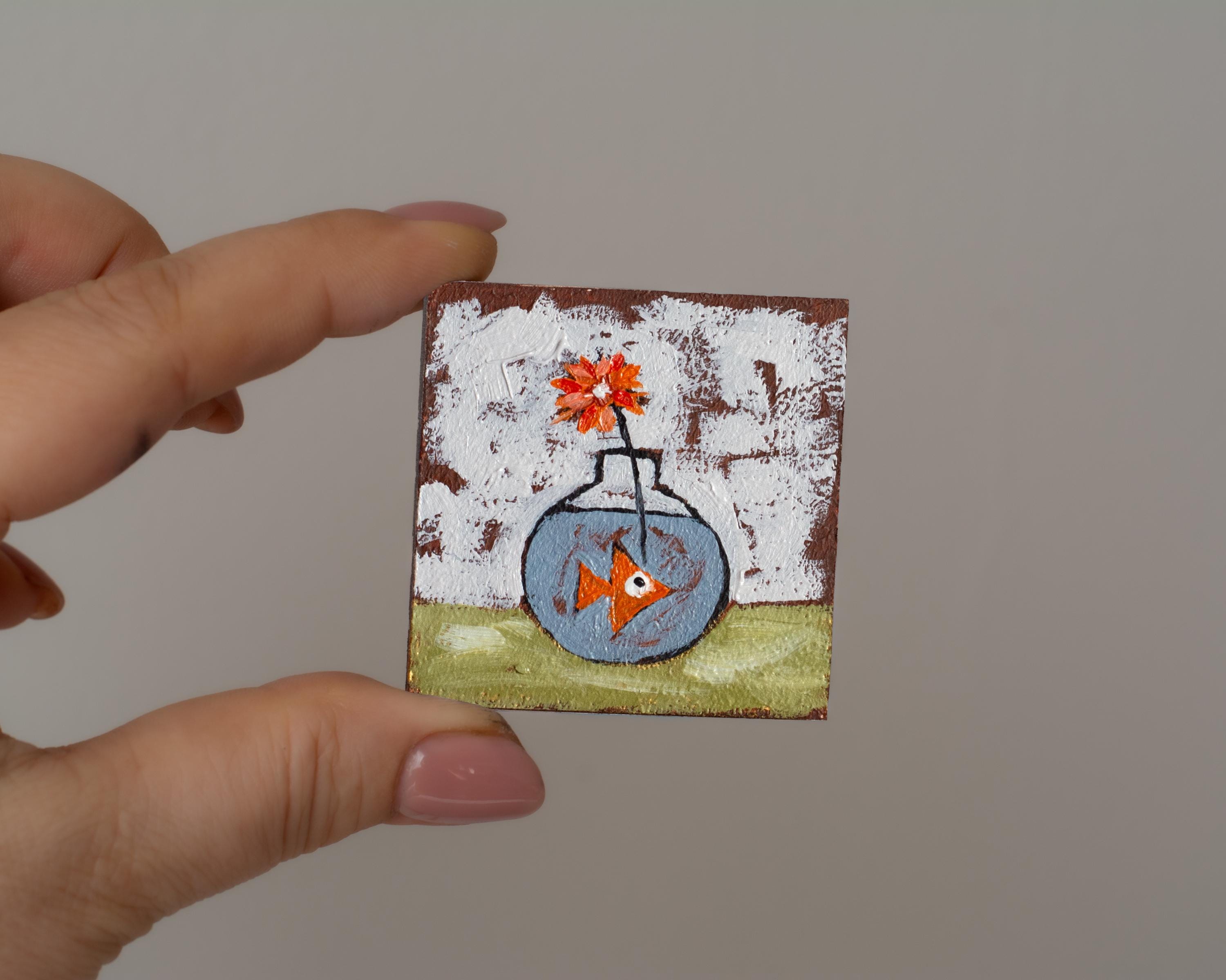 Miniature Fish Painting: Aquarium Vase With Orange Flower (2x2 Inches ...