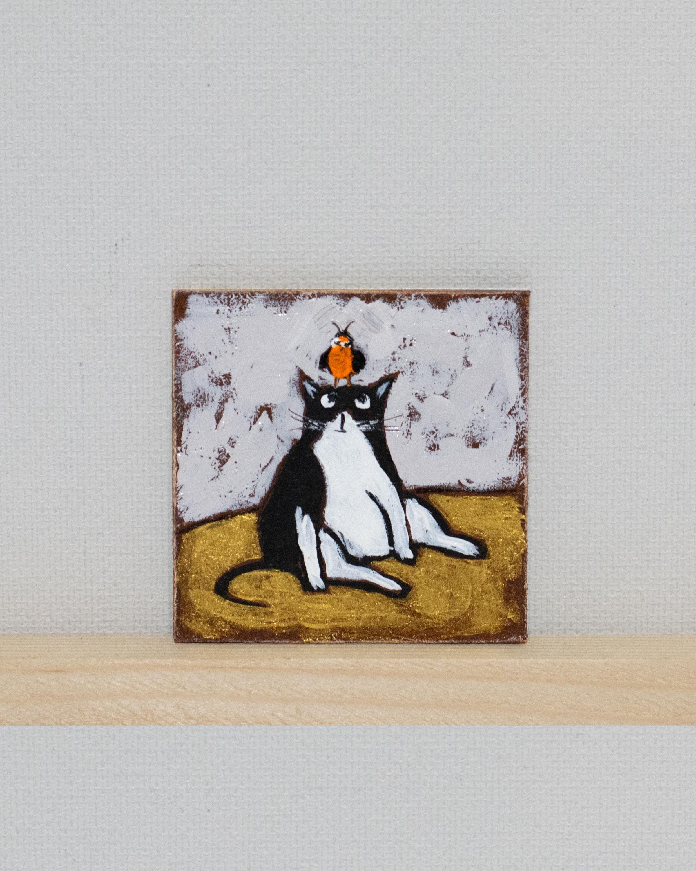 Miniature Cat Oil Painting: Bird & Beetle, 2x2 Inches - Etsy