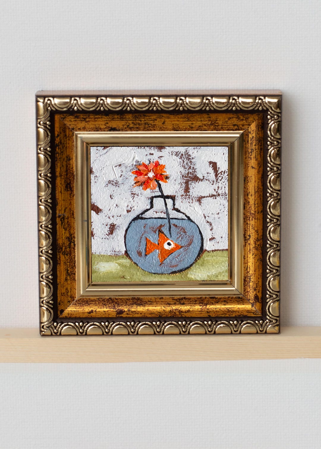 Miniature Fish Painting: Aquarium Vase With Orange Flower (2x2 Inches ...