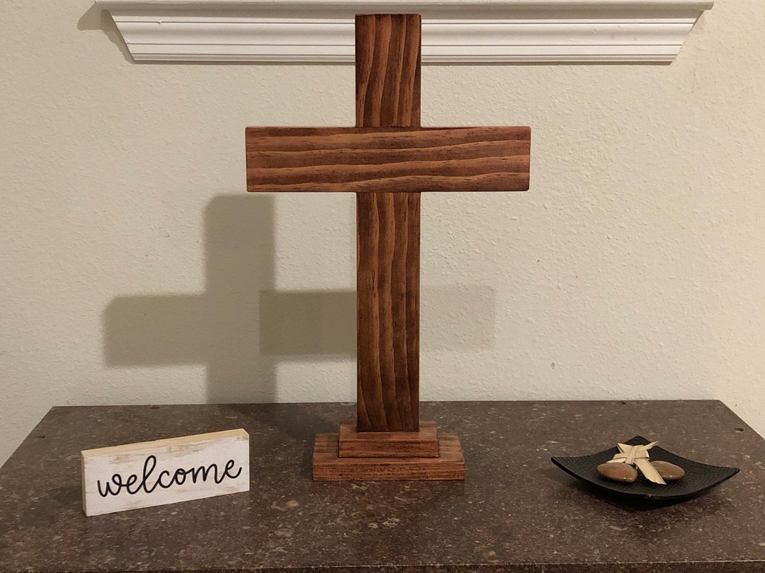 Red Mahogany Stained Wooden Cross With Stand: Rustic Home Decor - Etsy