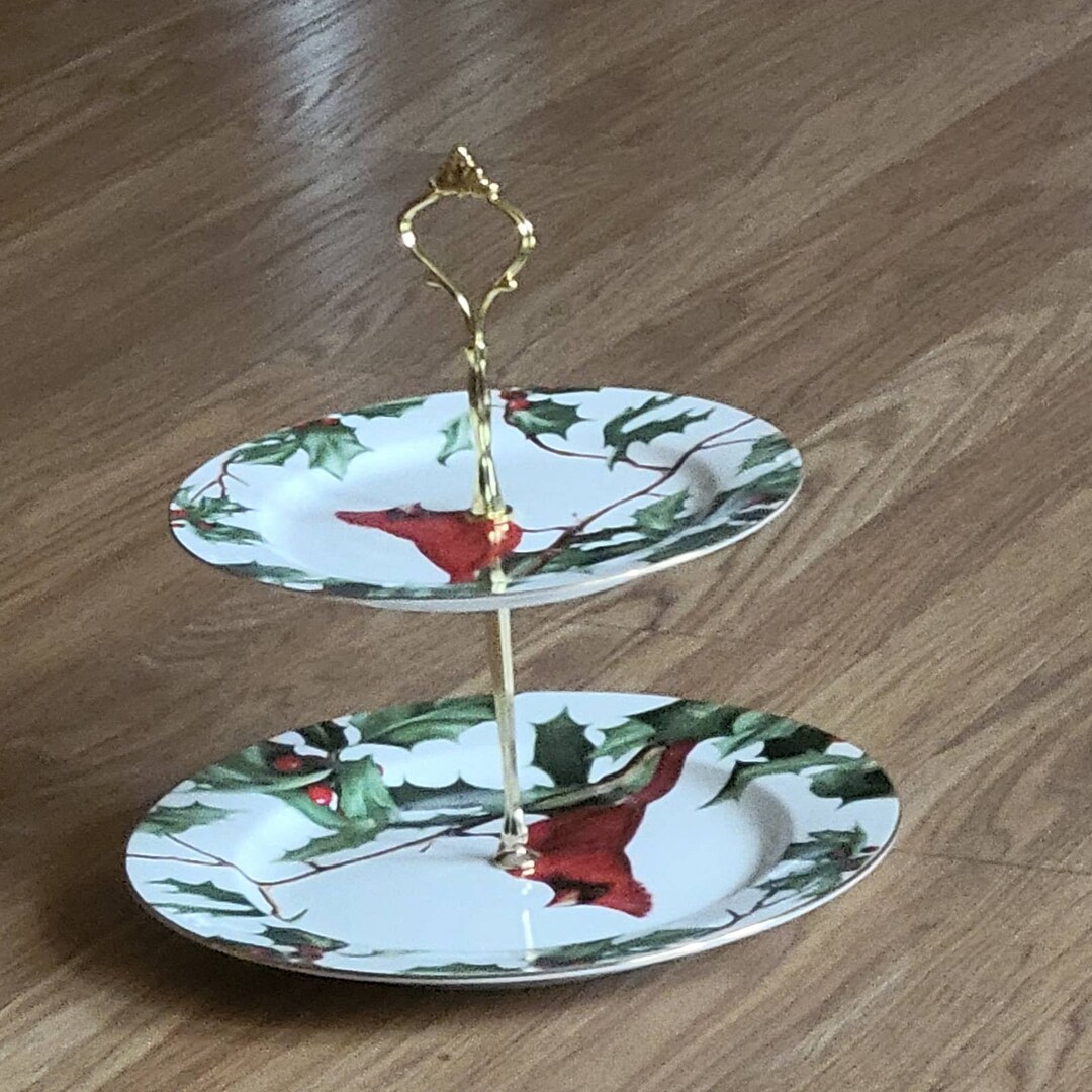 Grace Tea Ware 2-tier Porcelain Serving Platter Red Cardinal Christmas ...