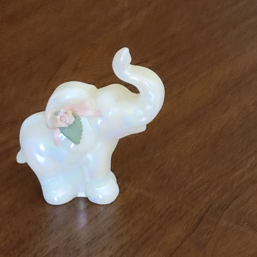 Vintage Fenton Glass Iridescent Animal, Elephant With Pink Flower ...
