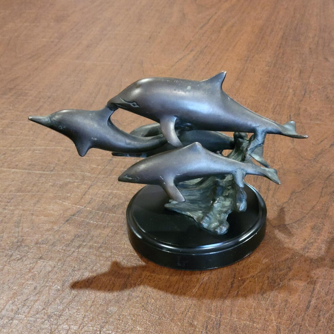 Vintage Diving Dolphins Pod Bronze Sculpture Figurine on Wooden Base - Etsy