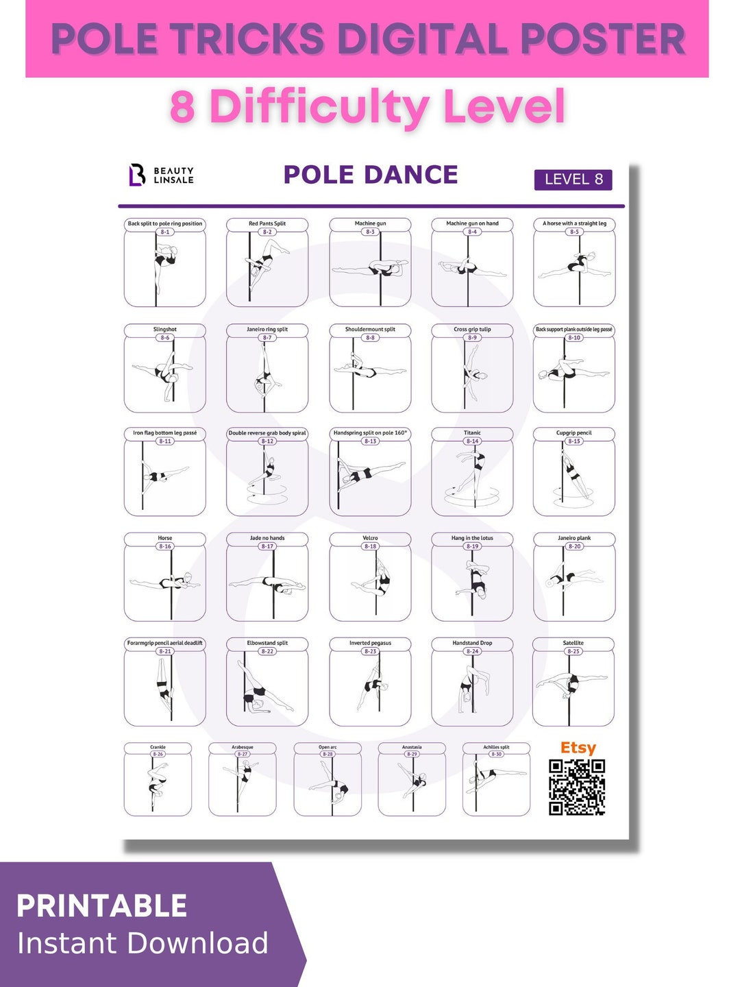Pole Dance Tricks Printable Poster 8 Level Pole Dance Moves Pole ...