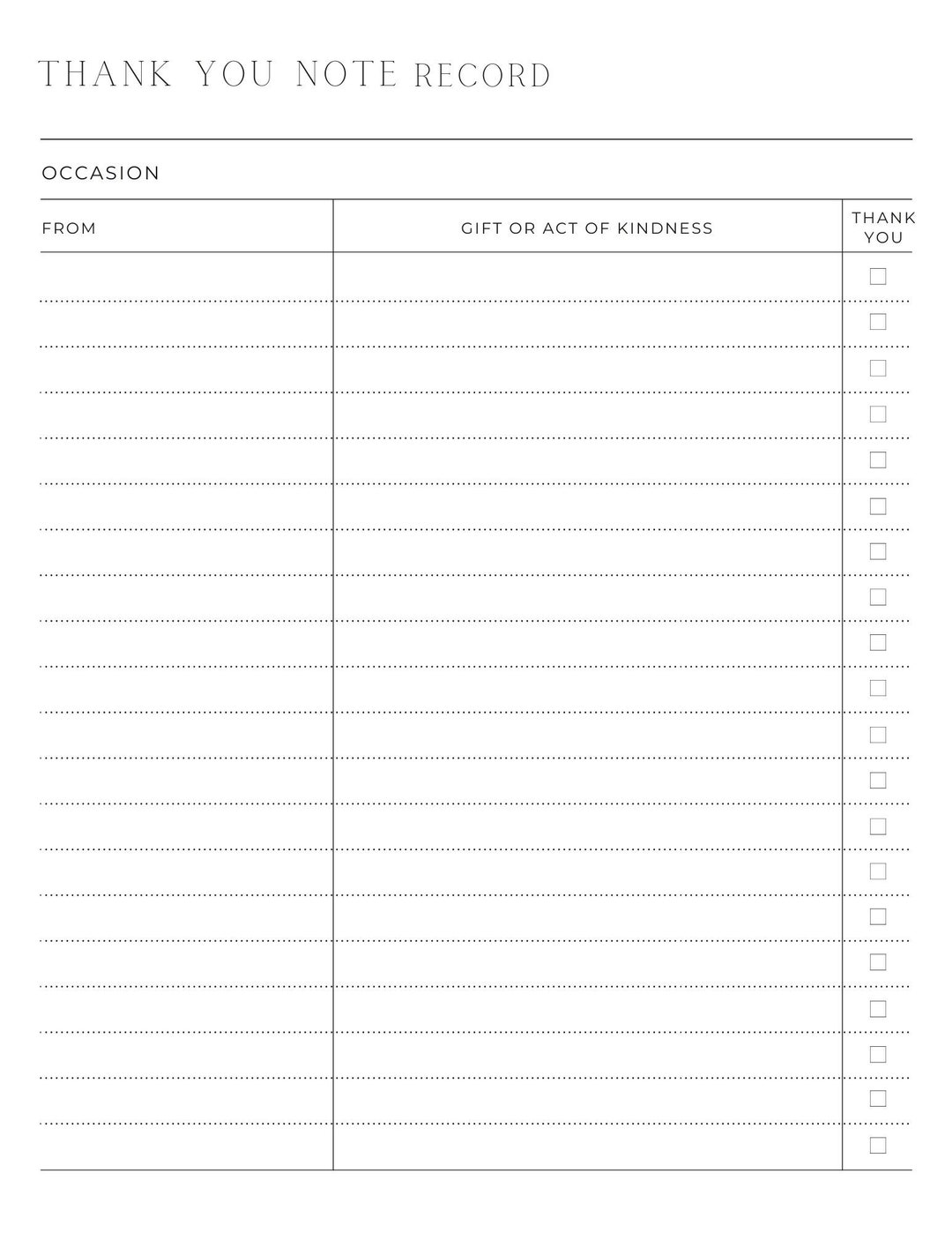 Thank You Note Record Tracking Sheet, 8.5 X 11 Inches, Vertical ...