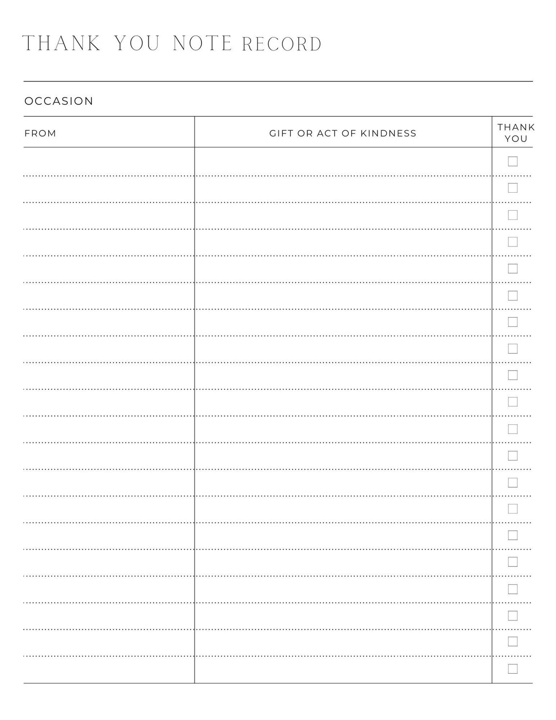 Thank You Note Record Tracking Sheet, 8.5 X 11 Inches, Vertical ...