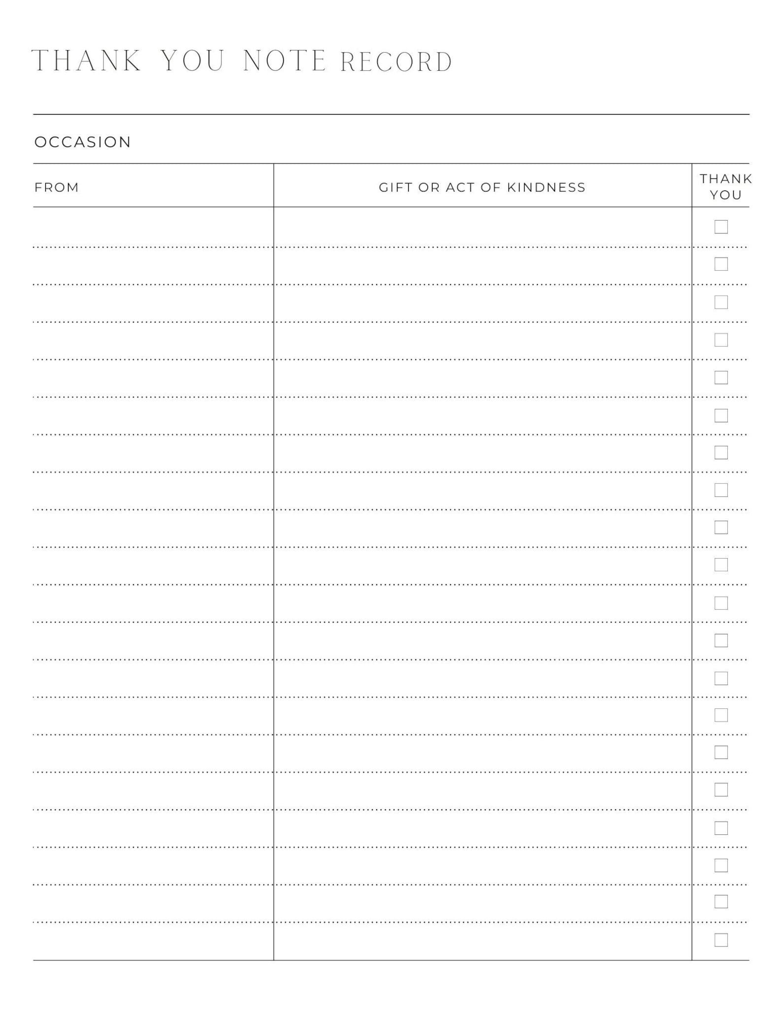 Thank You Note Record Tracking Sheet, 8.5 X 11 Inches, Vertical ...