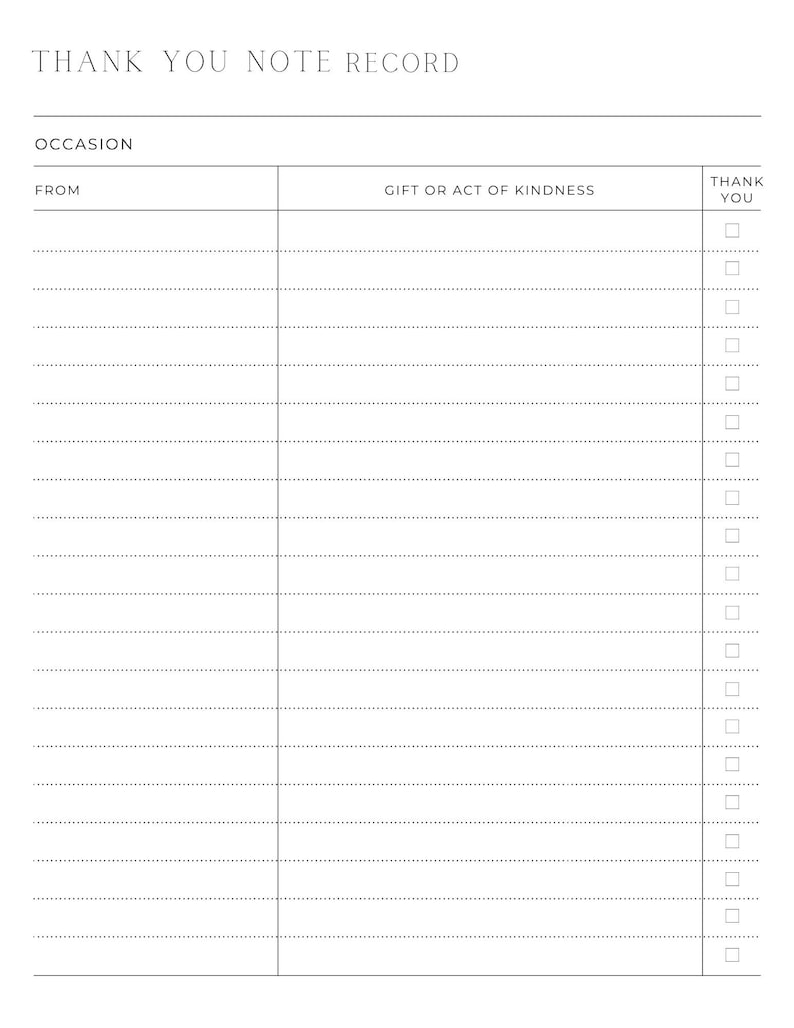 Thank You Note Record Tracking Sheet, 8.5 X 11 Inches, Vertical ...