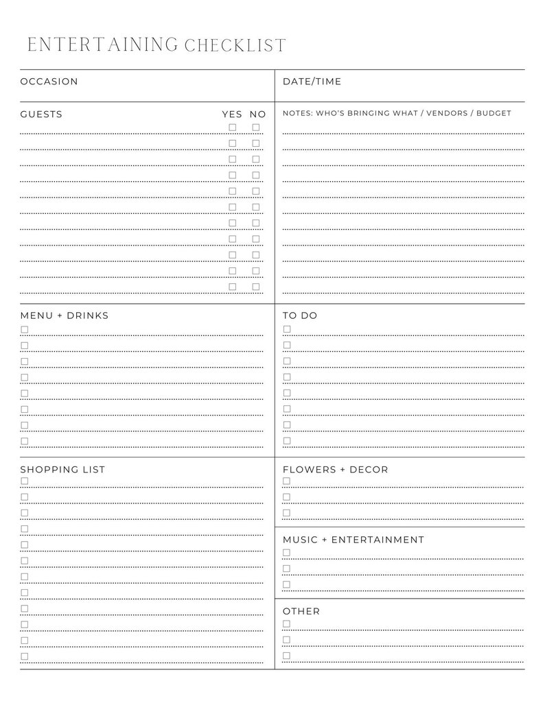 Entertaining Checklist, 8.5 X 11 Inches, Vertical Printable Planning ...