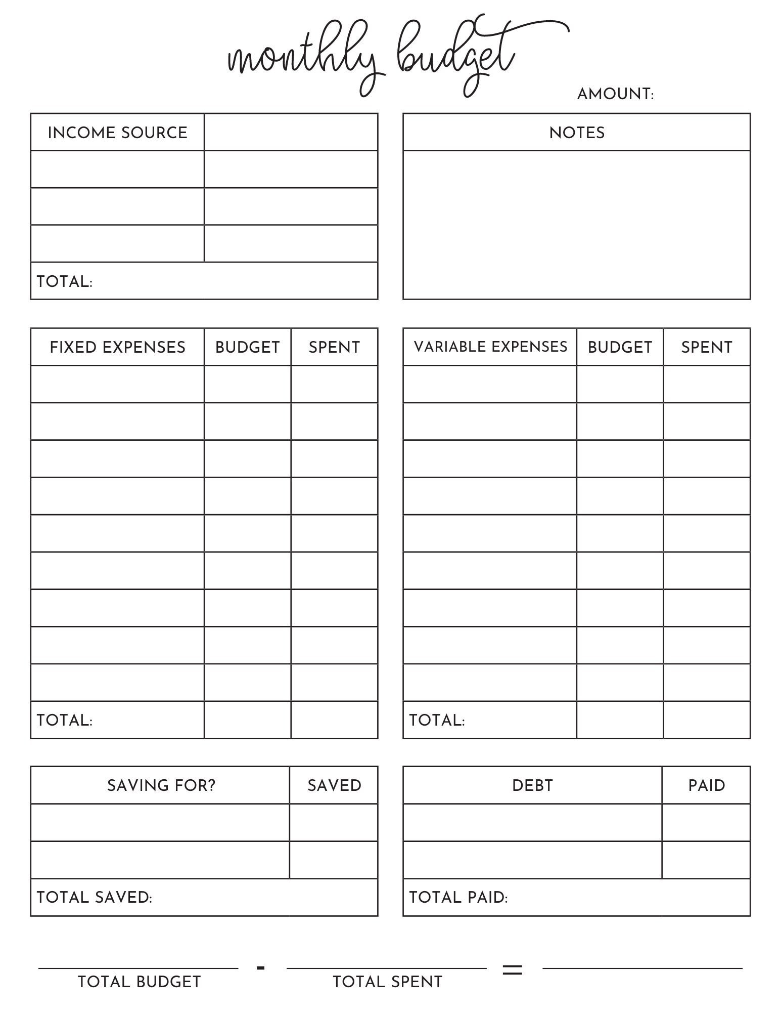 Monthly Budget Template, 8.5 X 11 Inches, Vertical Printable Calendar ...