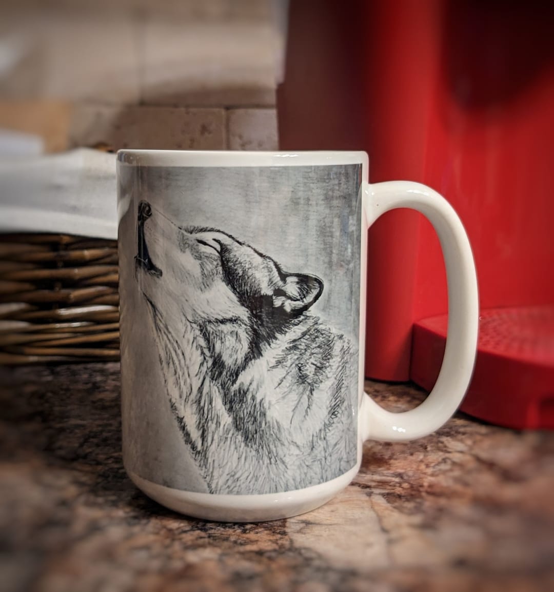 Coffee Mug, Waya, Wolf Sketch, Wolf Howling, Sublimated, Ceramic, Made ...