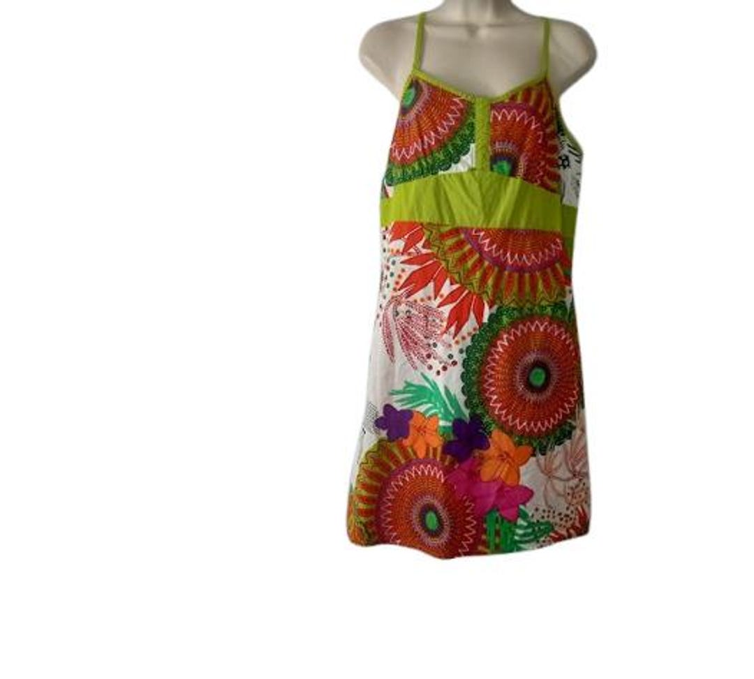 Vintage Coline Mini Sundress Green Combo Medallion Floral Cotton Boho ...
