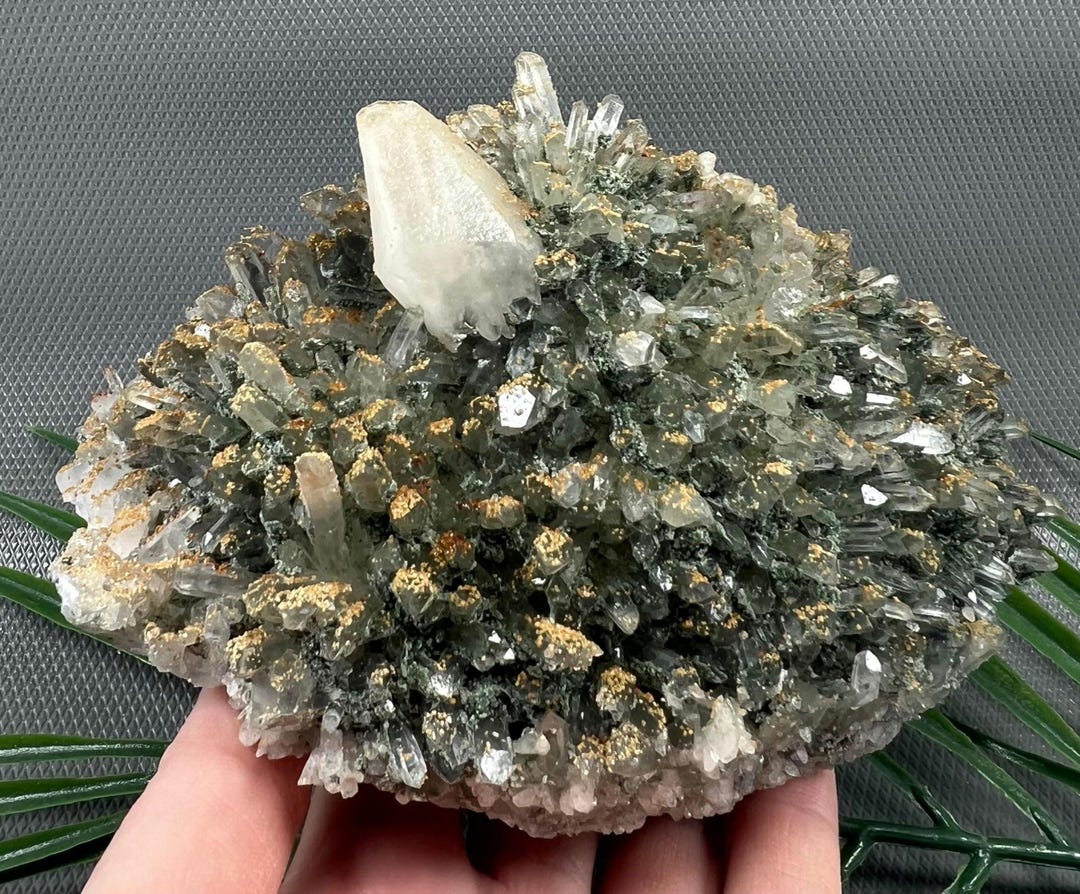 Large Fluorescent Calcite on Green Quartz With Chlorite Cov. With ...