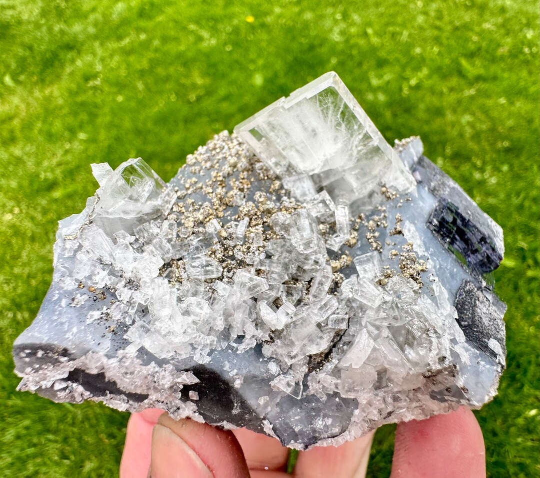 Rare Comb. Transparent Baryte, Blue Chalcedony, Marcasite and Galena ...