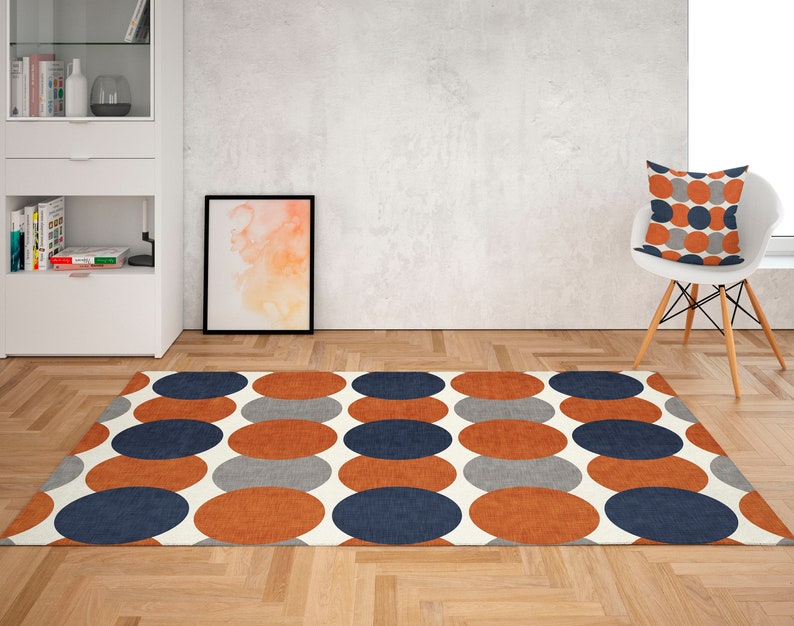 Burnt Orange Navy Gray Area Rug • Mid-century Modern Chenille Rug for ...