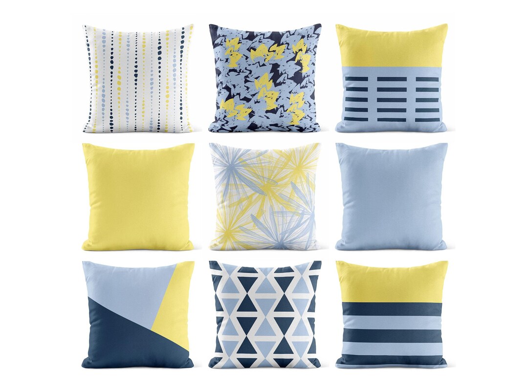 Light Blue Yellow Throw Pillow Cover • Square Pillow Cover• Decorative ...