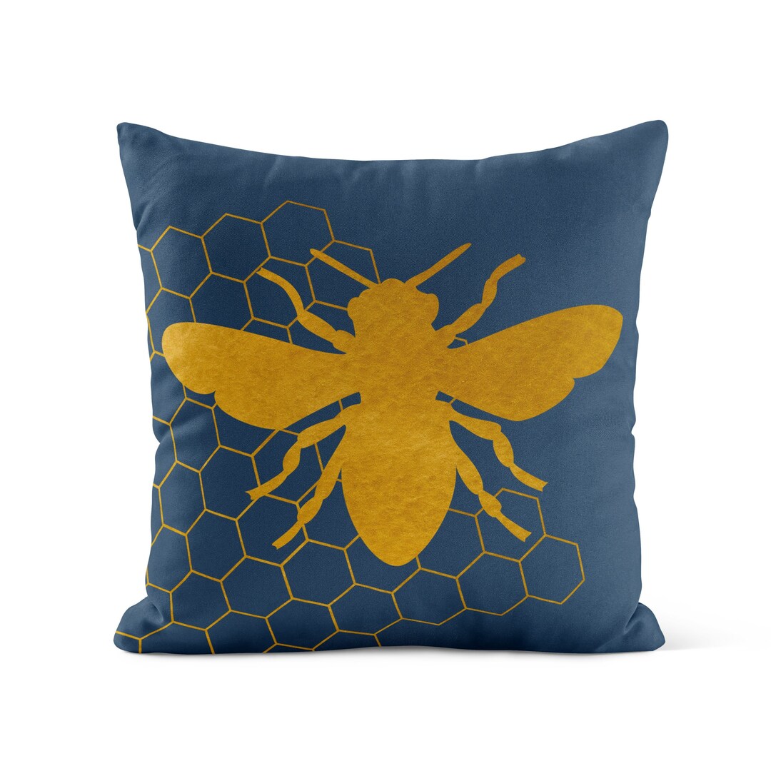 Gold Bee Throw Pillow Cover • Navy Blue Honey Bee Decorative Pillows ...