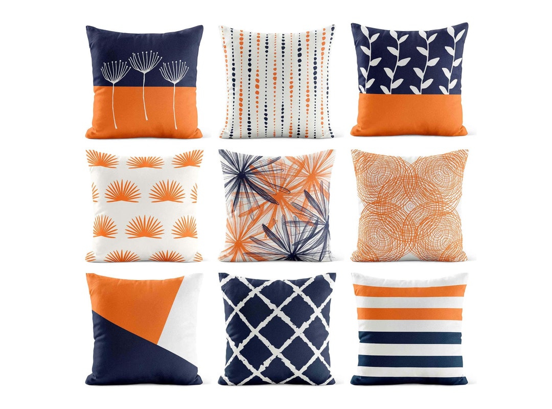 Orange Navy Throw Pillow Cover • Blue Pillowcase • Decorative Pillows ...