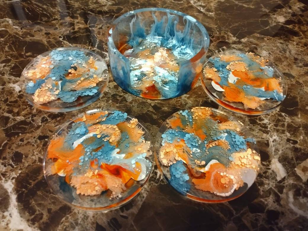 Set of 4 Round Transparent Resin Coasters With Stacking Holder - Choose ...