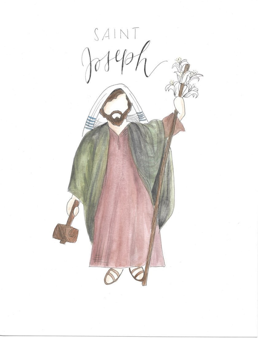 Saint Joseph Painting Mixed Media Watercolor and Pen Simple Faceless ...