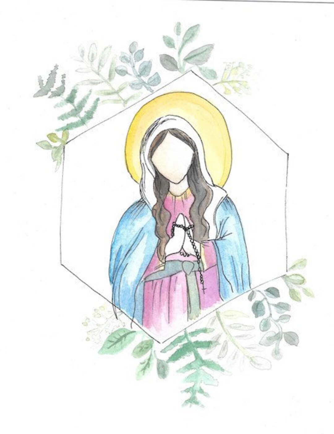 Blessed Virgin Mary Rosary Painting Mixed Media Watercolor and Pen ...